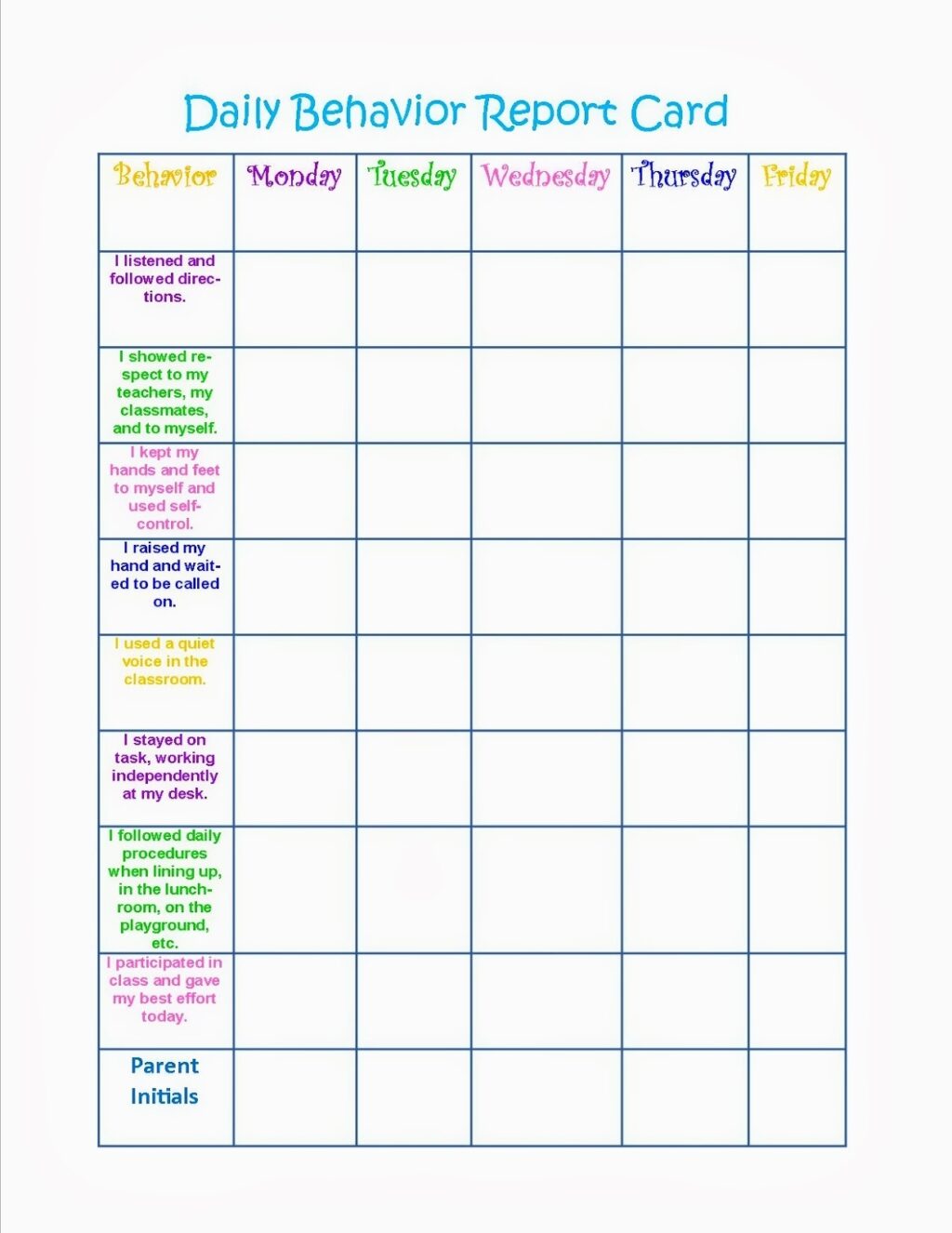 Printable Weekly Behavior Chart - Free Printable Chart
